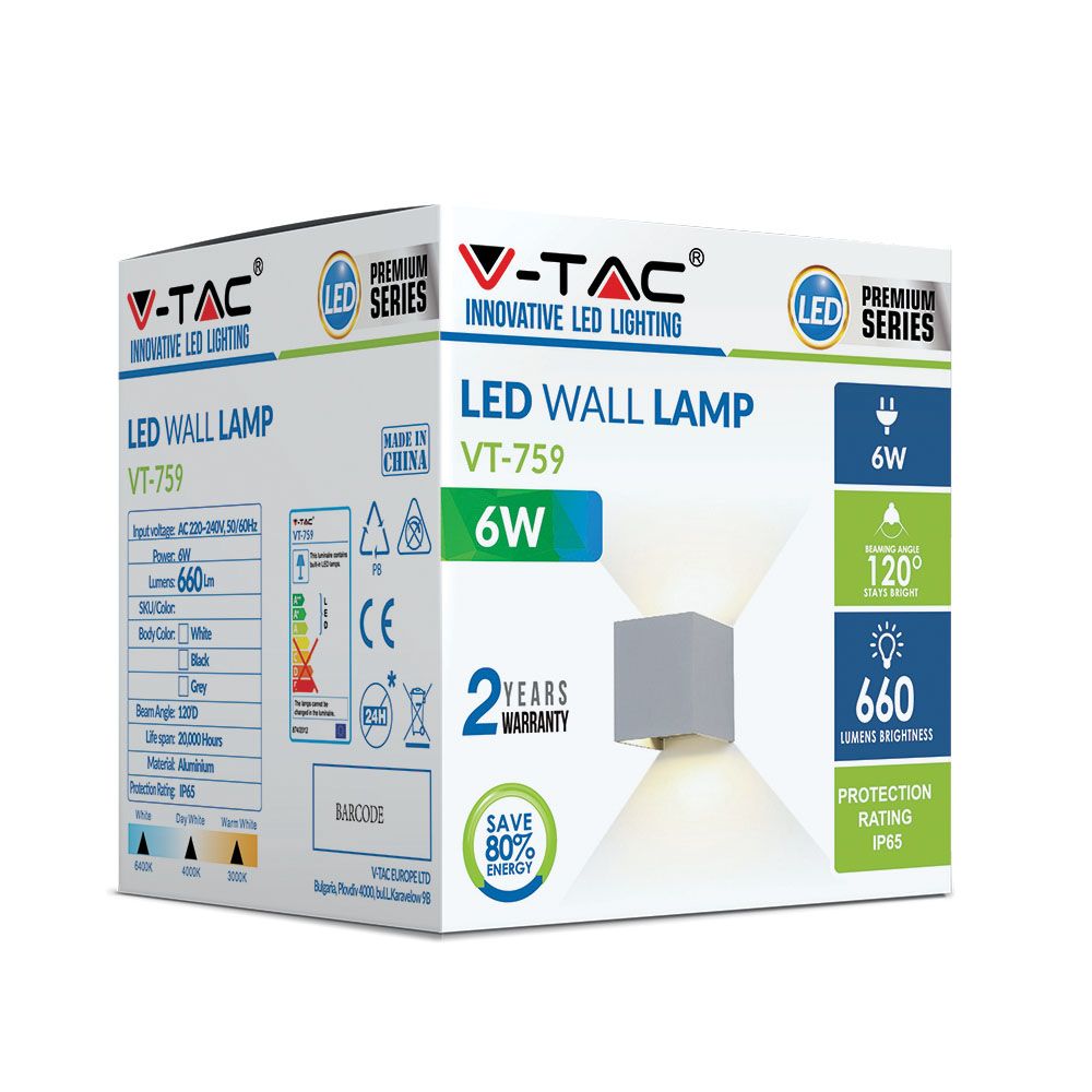 VT-759 6W LED UP-DOWN WALL LIGHT WITH BRIDGELUX CHIP 3000k GREY SQUARE ...